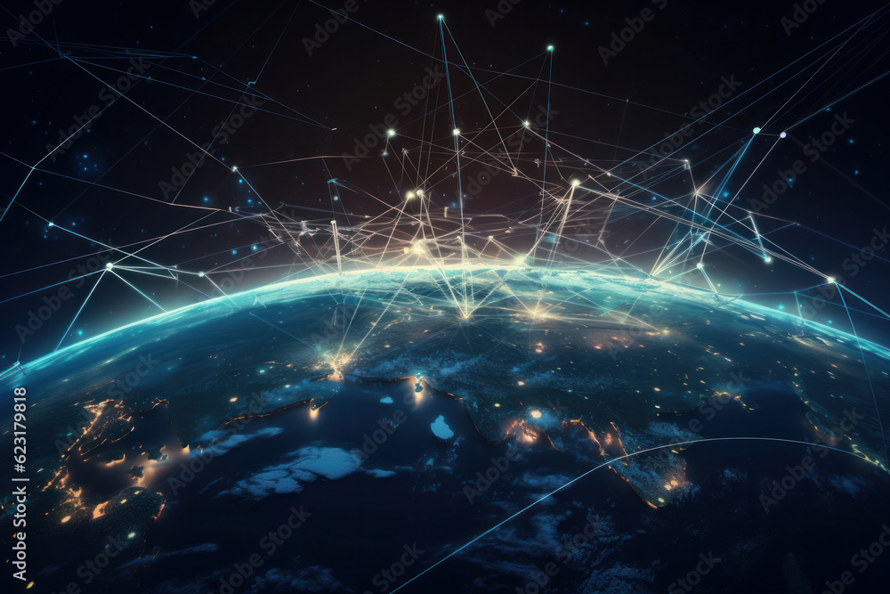 A network of connected nodes superimposed on a world map. This abstract ...
