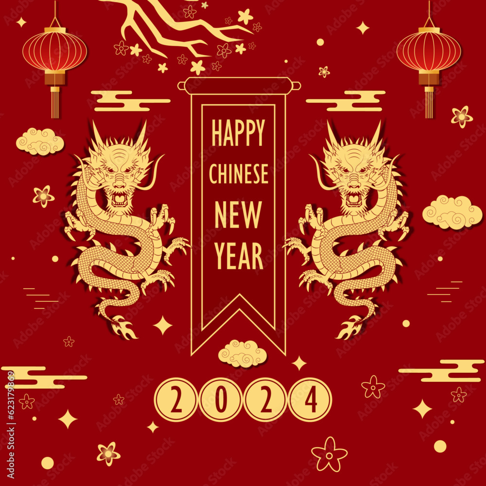 Happy chinese new year 2024 the dragon zodiac sign with clouds, dragon ...
