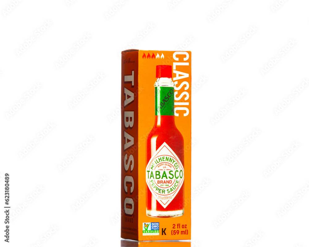 Chicago, USA - July 13, 2023: A brand new box of Tabasco hot sauce ...