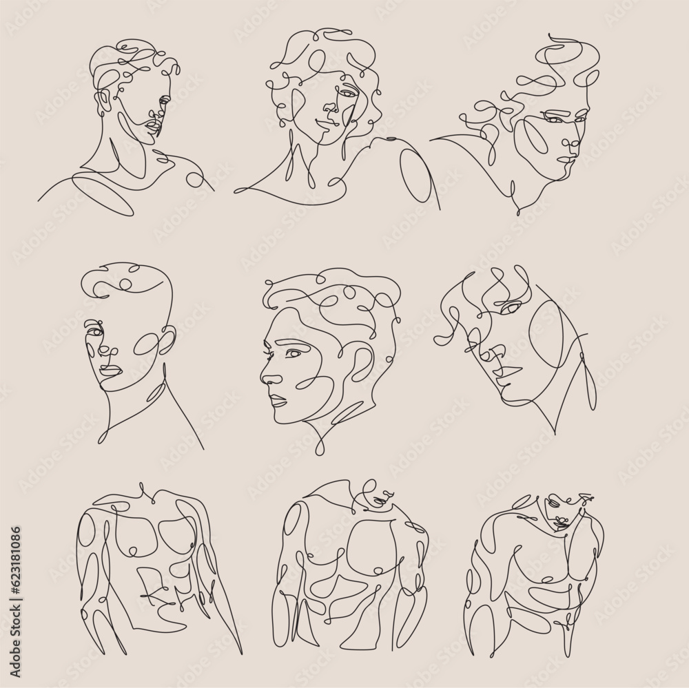 Men line art vector. Continuous one line drawing of man portrait ...