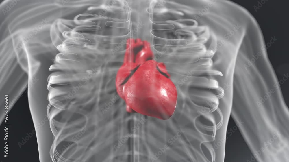 Transparent human chest with ribs and vascular system, red heart inside ...