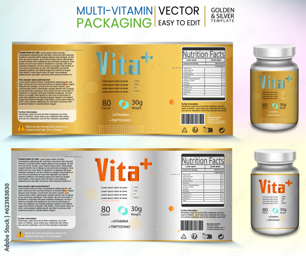 Multivitamin Label, Vitamin pack, Supplement labels, Vector bottle ...