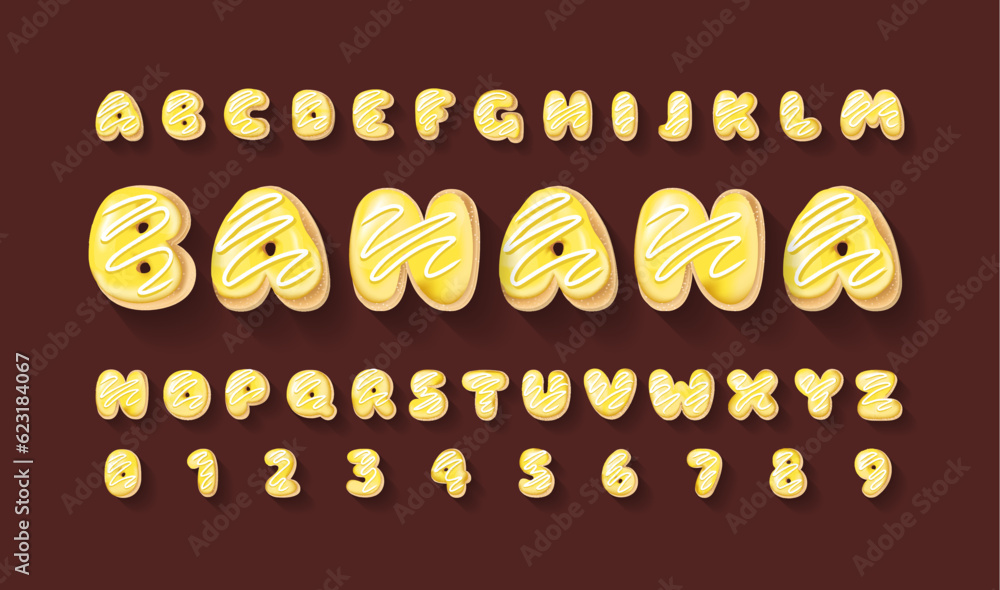 Vector alphabet of donuts. Bakery sweet tasty font. Yellow banana ...