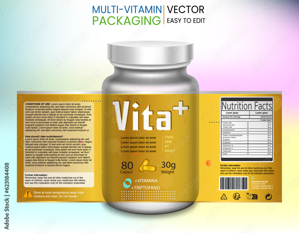 Multivitamin Label, Vitamin pack, Supplement labels, Vector bottle ...