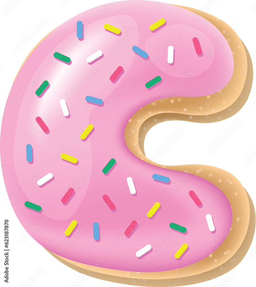 Vector pink letter C from donut alphabet. Sweet tasty cookie font. Food ...