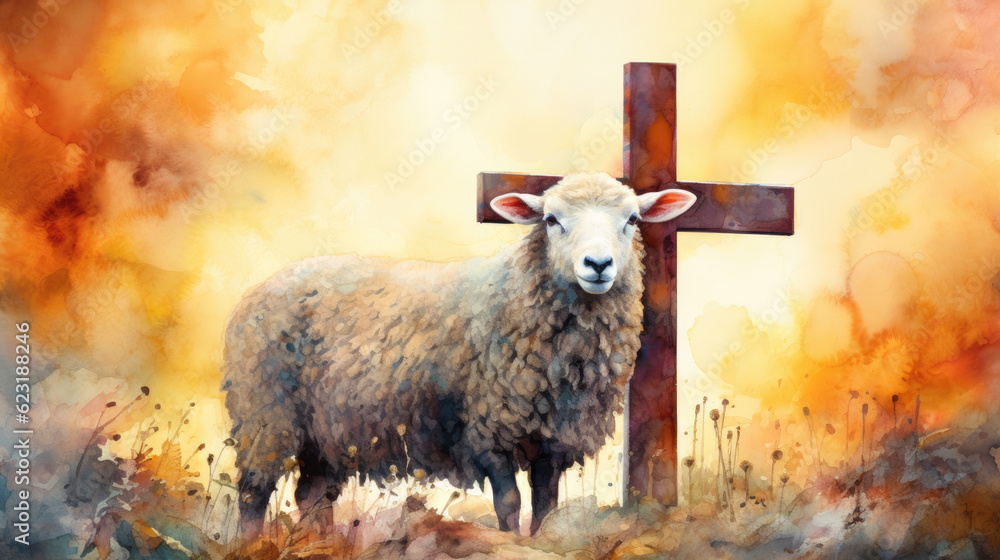 Watercolour pencil illustration of wooden cross and sheep standing next ...