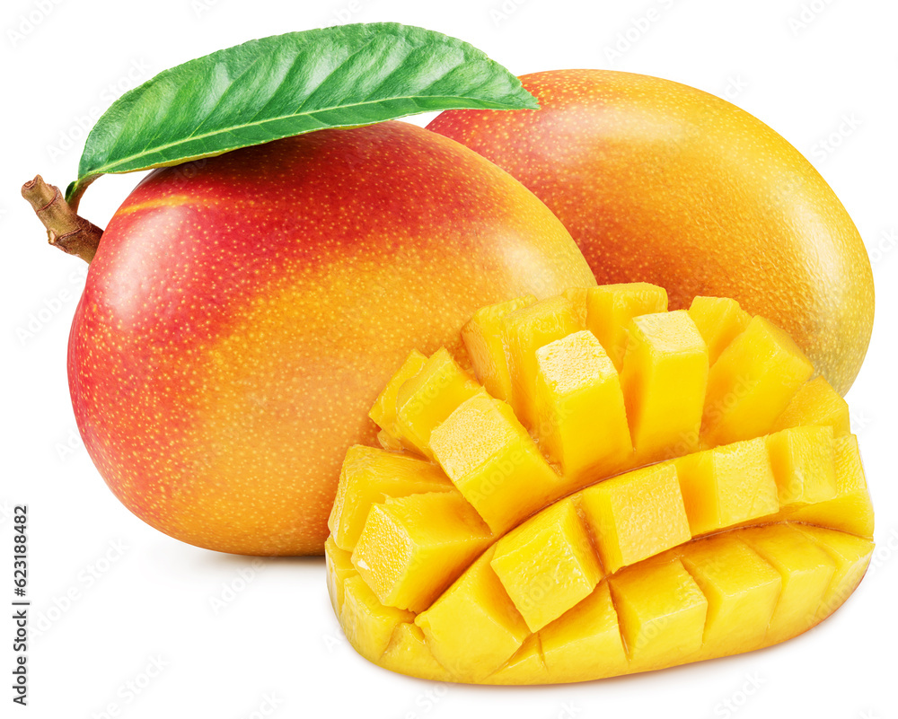 Mango fruits with green leaf and mango cut in hedgehog style isolated ...