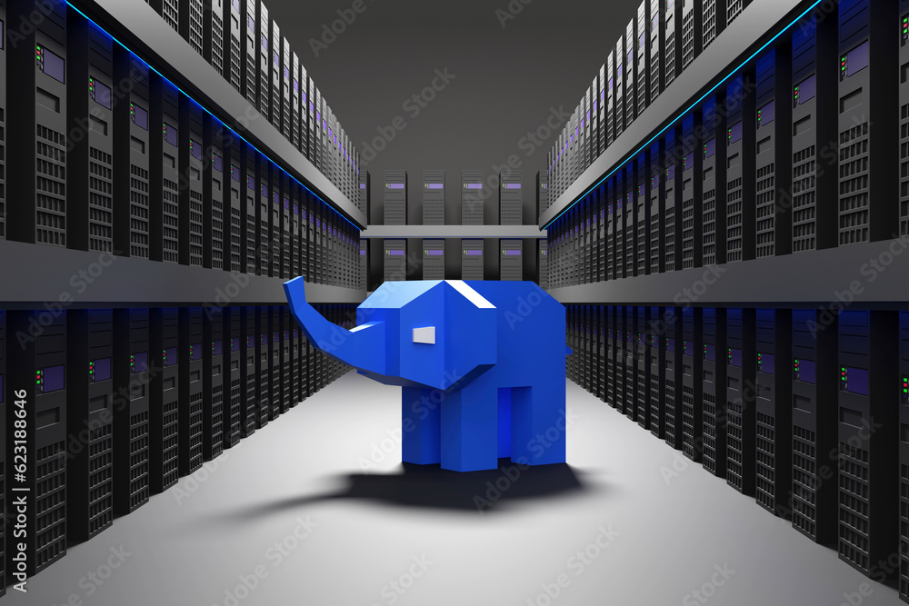 Low poly blue elephants in a circle around one elephant on grey background. PostgreSQL free ...