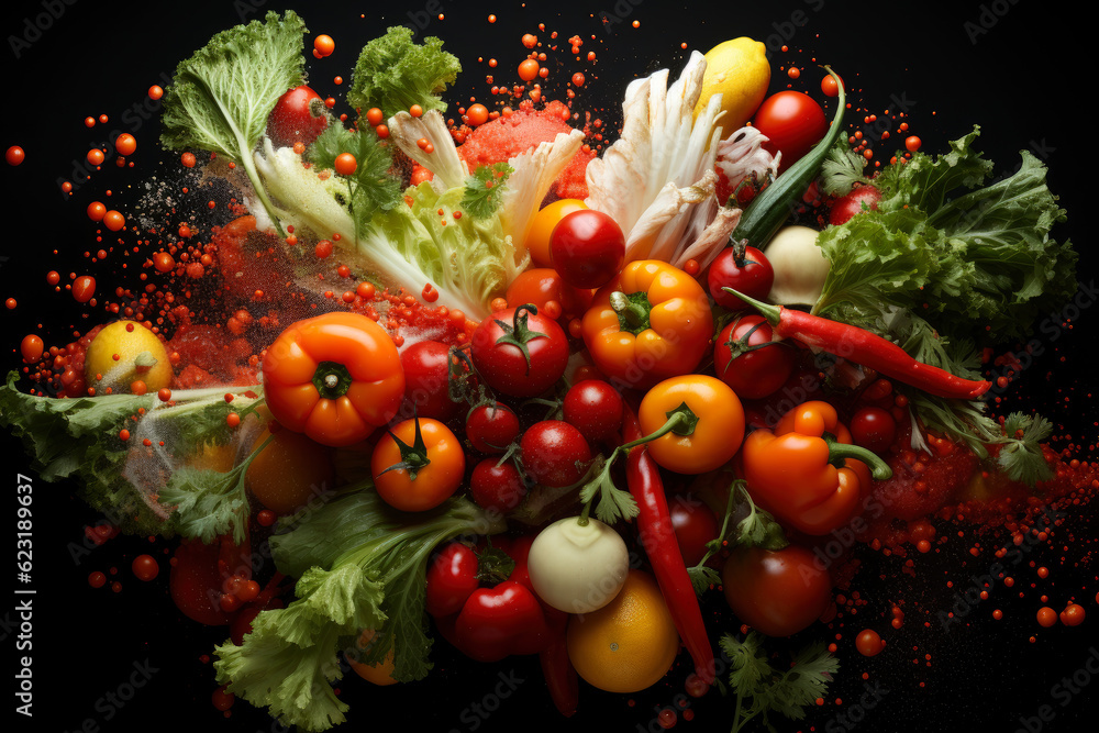 Fresh vegetables and fruits with water droplets exploding on black ...
