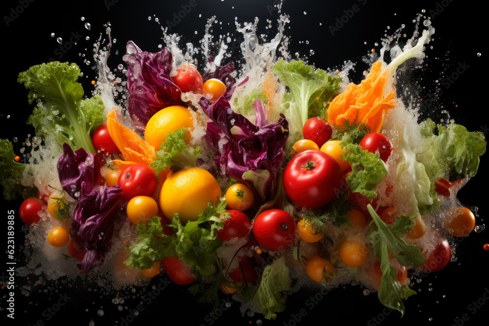 Fresh vegetables and fruits with water droplets exploding on black ...