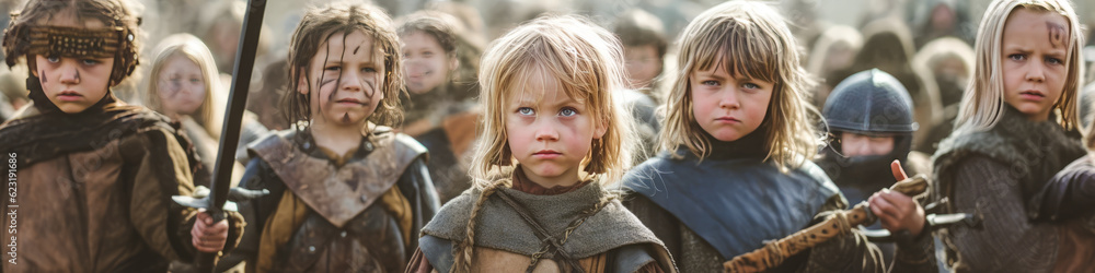 Epic depiction of blonde-haired children in medieval attire with swords ...