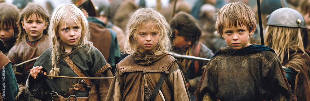 Captivating scene of fair-haired children in medieval attire, squarely ...