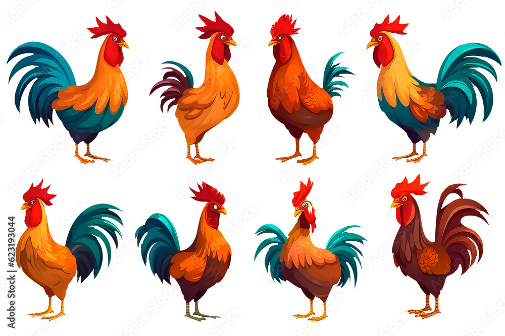 set rooster in cartoon style for video game isolated on white ...