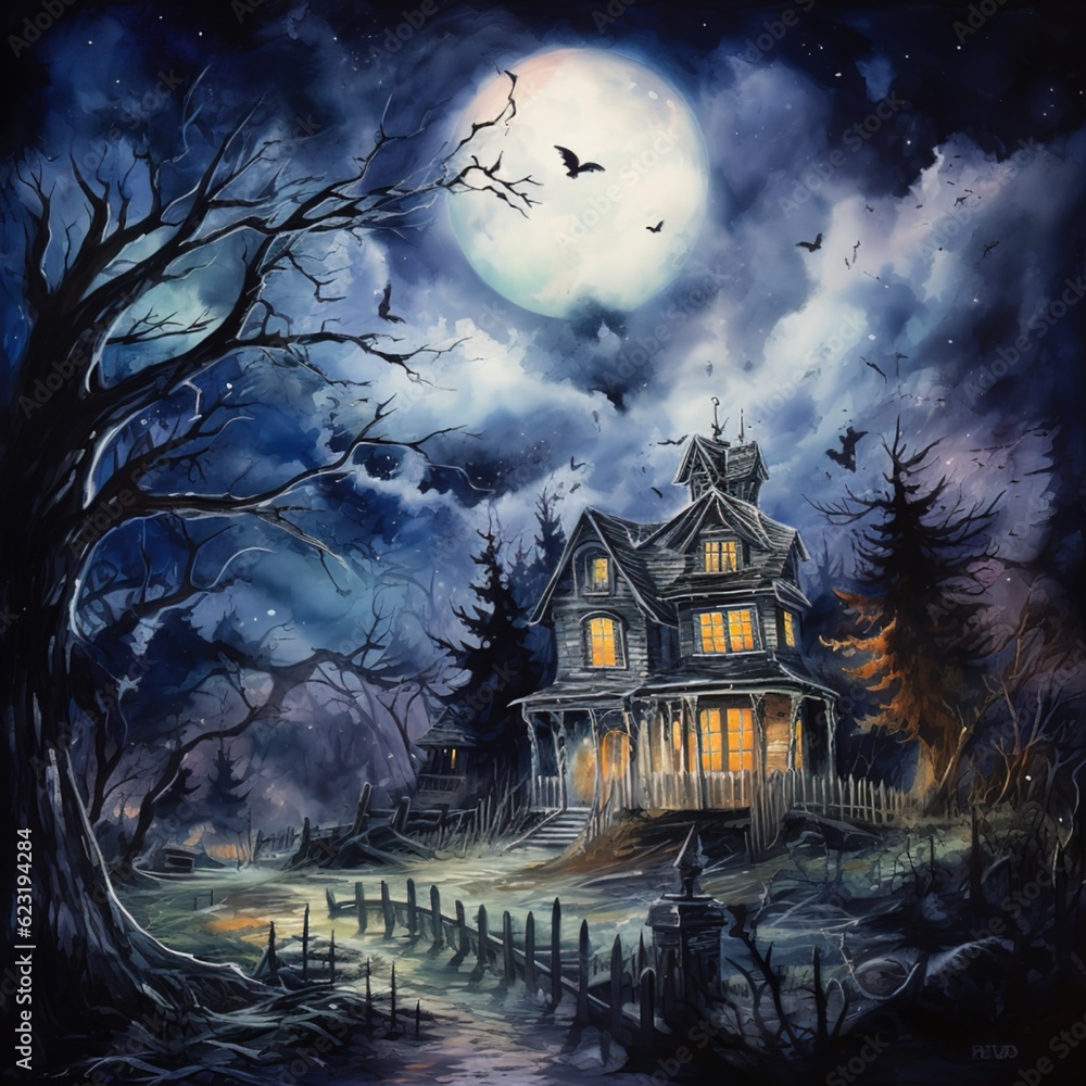 Spooky Halloween Night Watercolor Background, Mysterious House, Forest ...