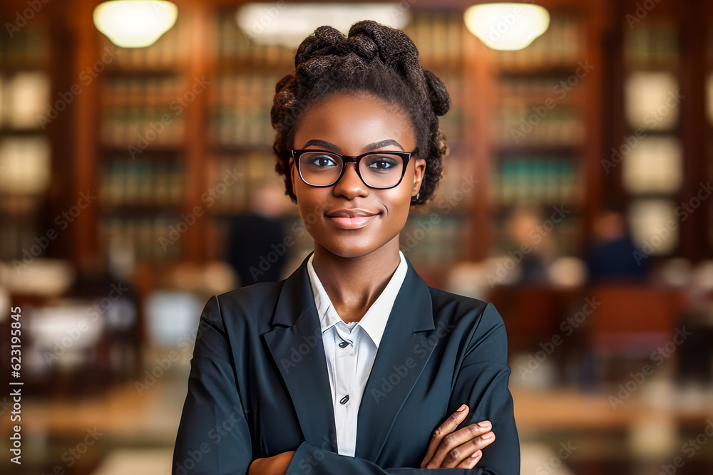 Confident young African female lawyer in formal attire with crossed ...