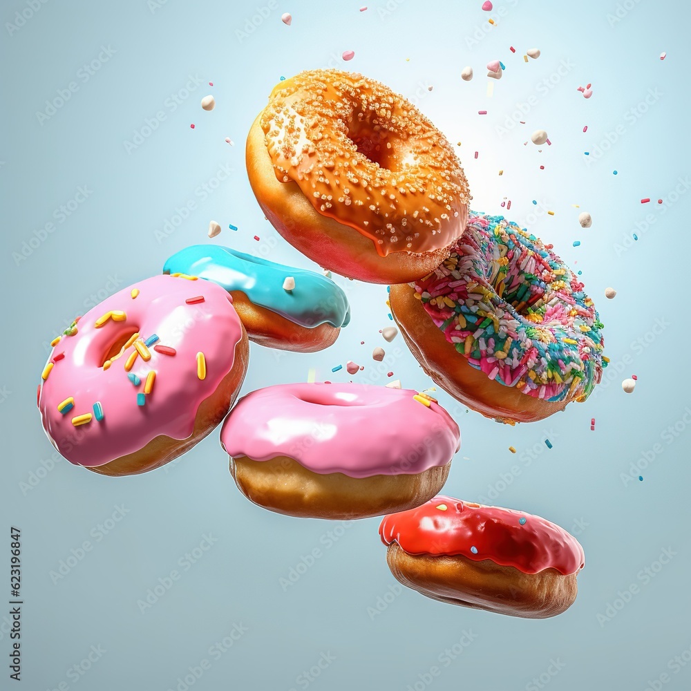 Colorful donuts floating in air with sprinkles. Varieties of donuts ...