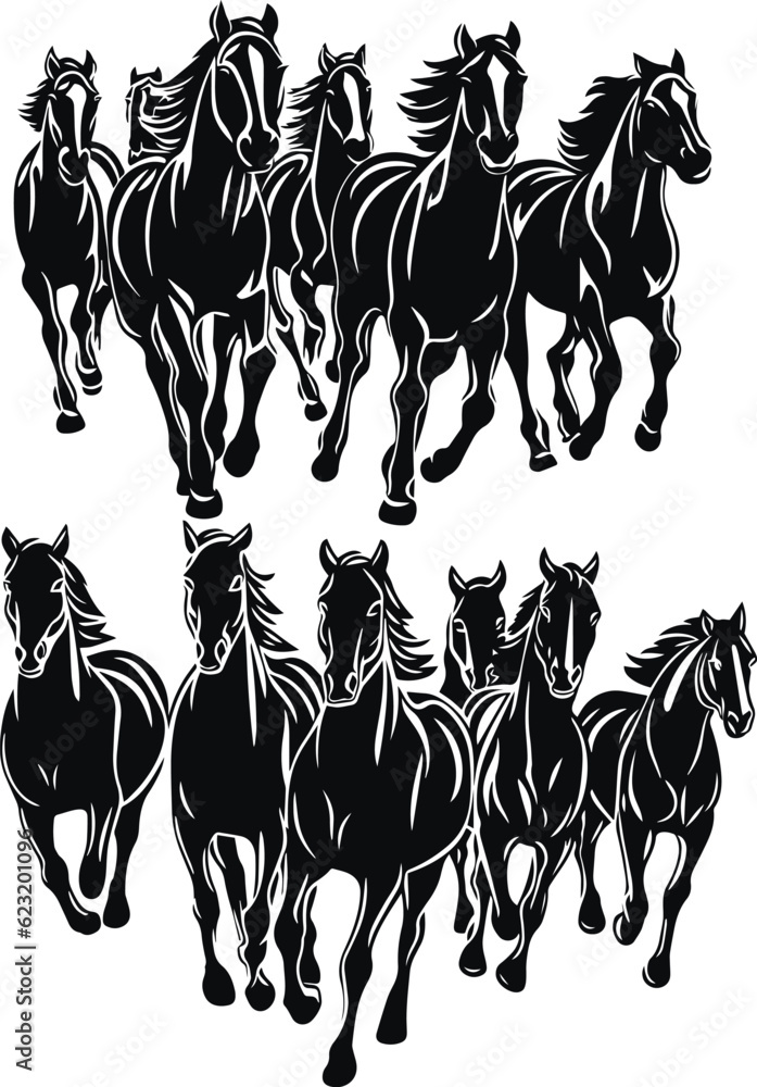 Herd of wild horses, mustang horses rushing forward, silhouette ...