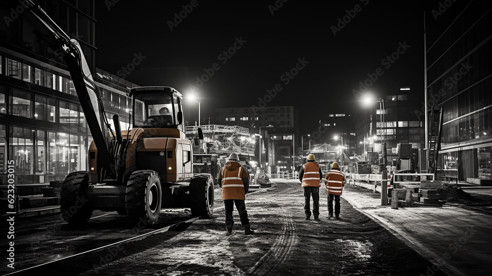 A night scene of a cityscape under construction, with workers and ...