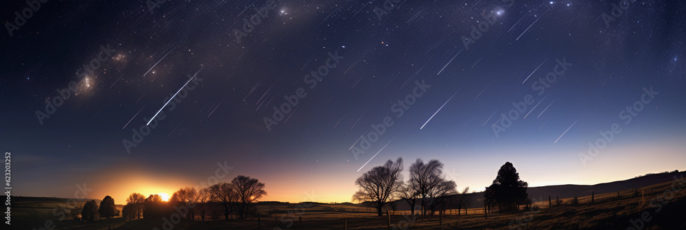 meteor shower piercing through the night sky, multiple shooting stars ...