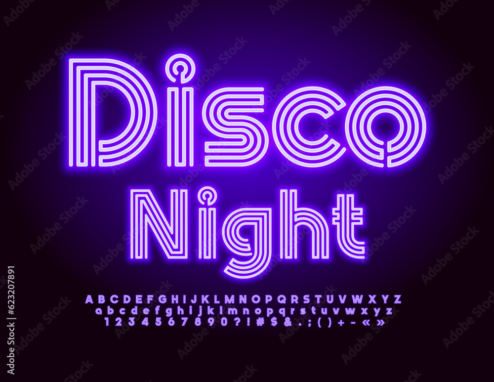 Vector neon poster Disco Night. Purple glowing Font. Electric light ...