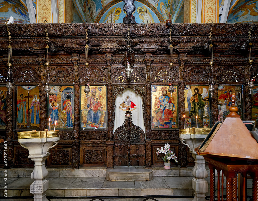 NAZARETH, ISRAEL - JUNE 22,2023:The iconostasis of the Greek Orthodox ...