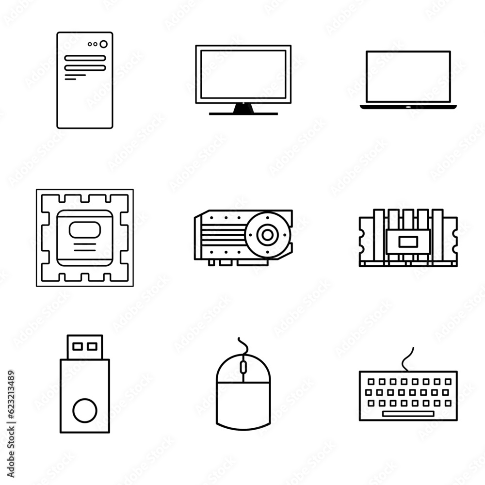 PC parts icon sheet, GPU, cabinet, notebook, RAM, keypad, mouse, pen ...