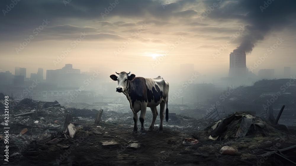 Cow in landfills, Animal and plastic pollution Stock Illustration ...
