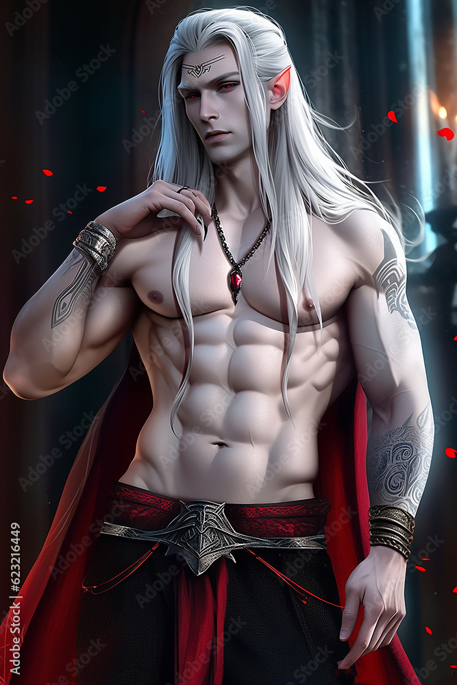 Portrait of a handsome male vampire with beautiful muscular body, fantasy, muscular nakachean ...