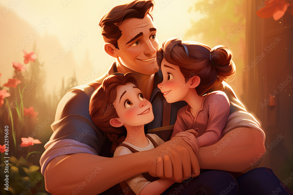 drawing in honor of father's day, a father hugging his son and daughter ...