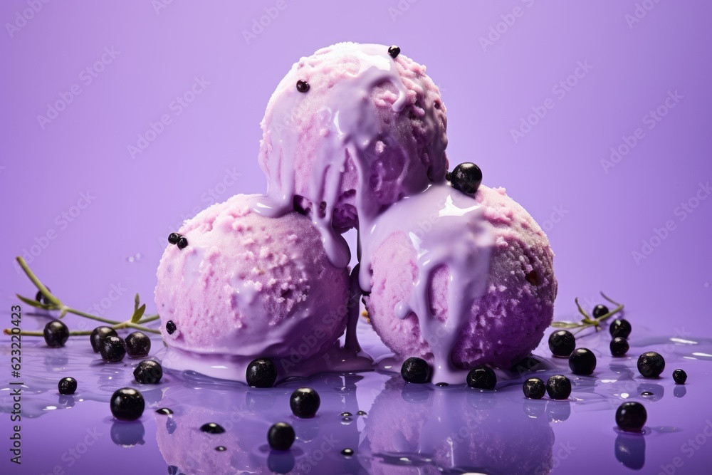 Three melting berry ice cream balls with smudges on a light purple ...