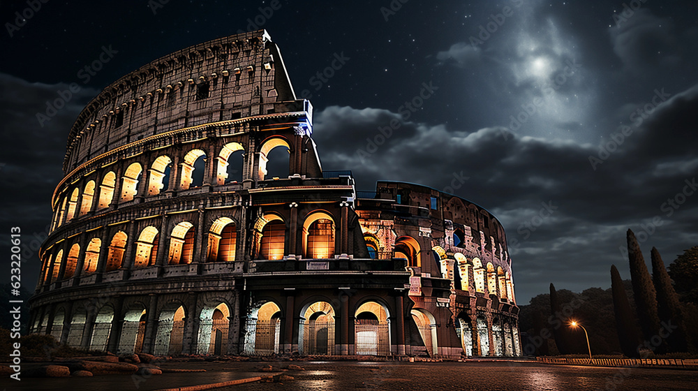 Rome's Colosseum at night under a full moon, stars scattered across the ...