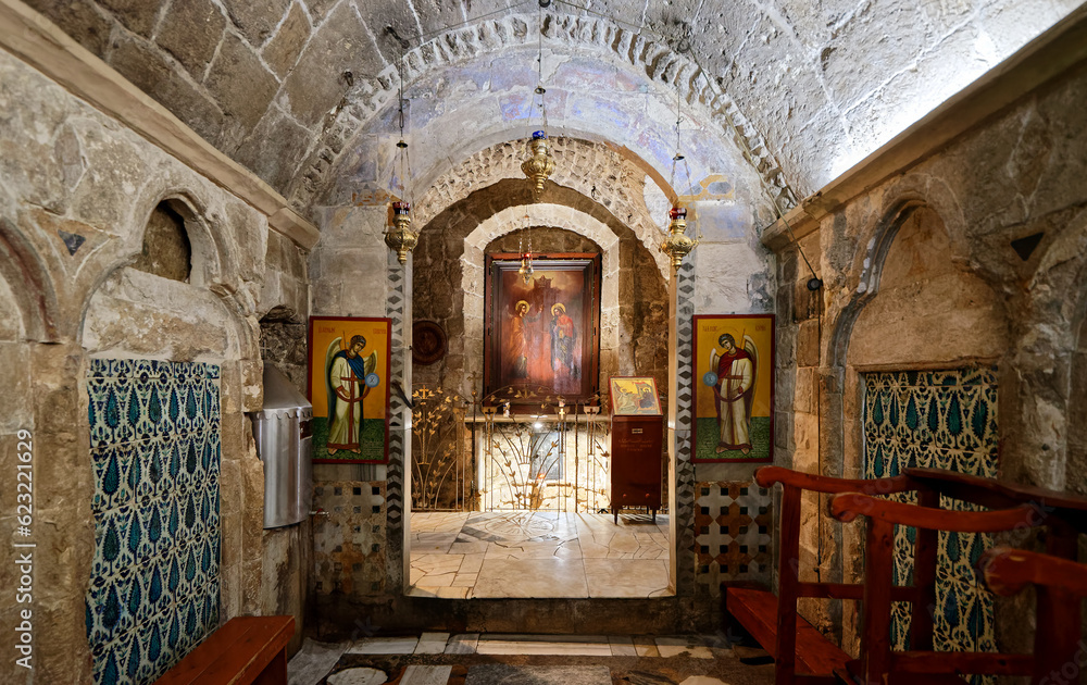NAZARETH, ISRAEL - JUNE 22,2023:Side Chapel with fountain in the Greek ...