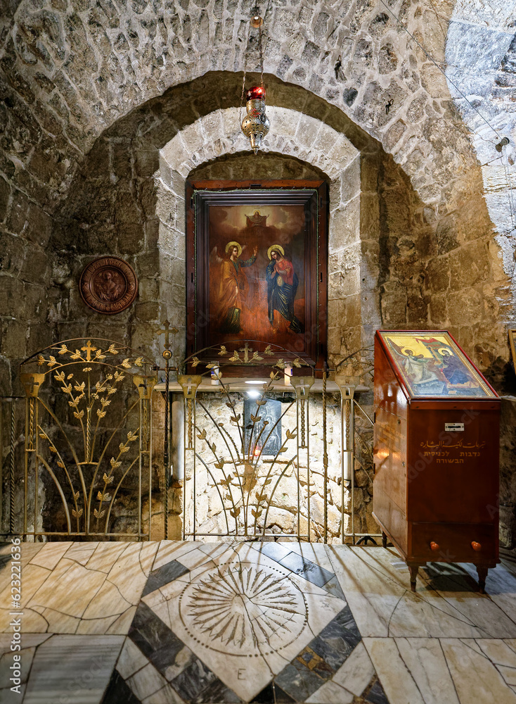 NAZARETH, ISRAEL - JUNE 22,2023:Side Chapel with fountain in the Greek ...