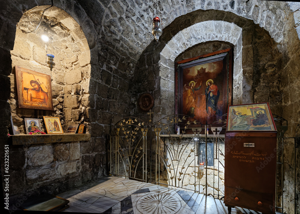 NAZARETH, ISRAEL - JUNE 22,2023:Side Chapel with fountain in the Greek ...