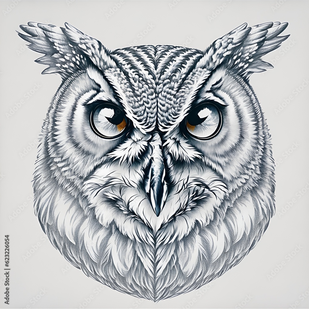 Owl head. Graphic ink drawing for printing, vintage style. Symbol of ...