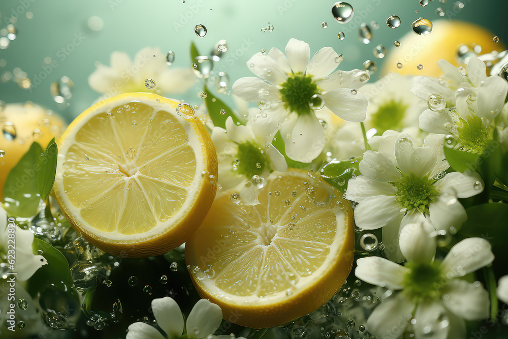 Creative fruity wallpaper with lemon slices, clear water drops, green ...