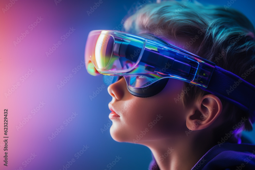 Kid Using a VR Virtual Reality Headset Glasses for Gaming and Education ...