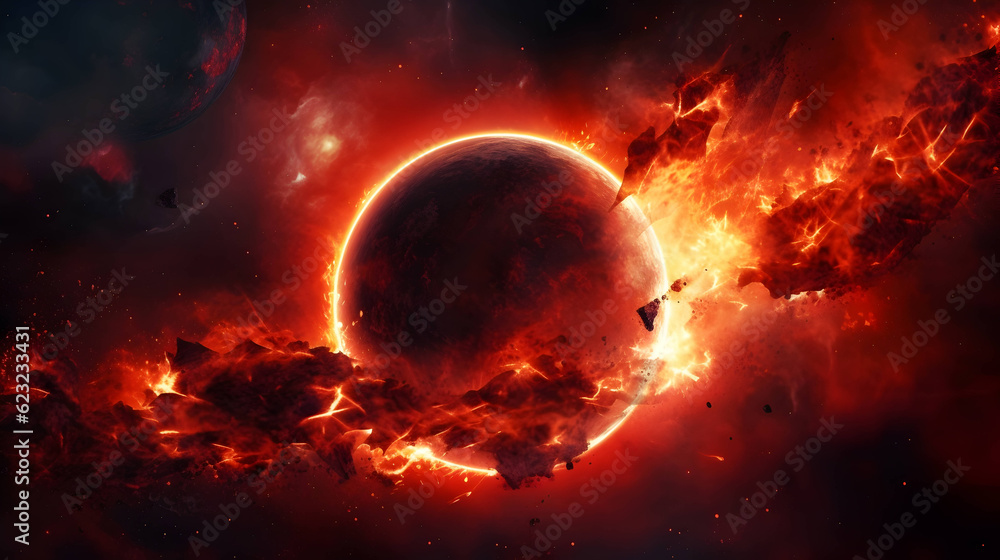 Abstract scientific background - comet approaches planet earth, moon in ...
