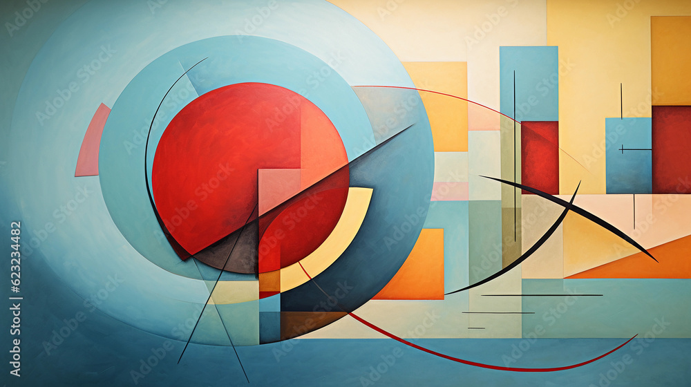 Abstract, Kandinsky - inspired artwork, a home office setup seen as ...