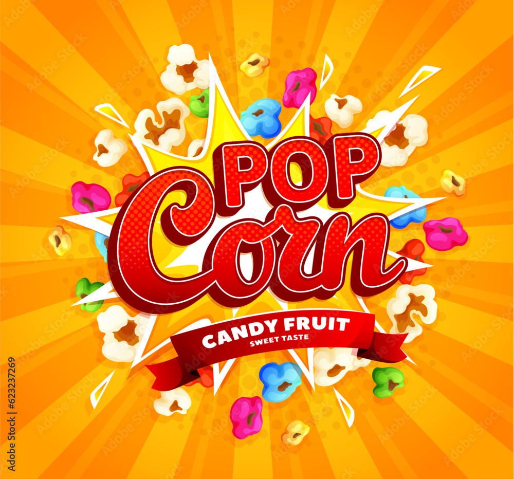Cartoon movie color pop corn burst, popcorn snack explosion, vector ...