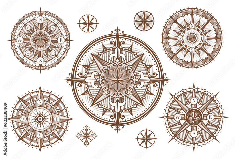Vintage medieval antique wind rose compass engravings with sun and ...