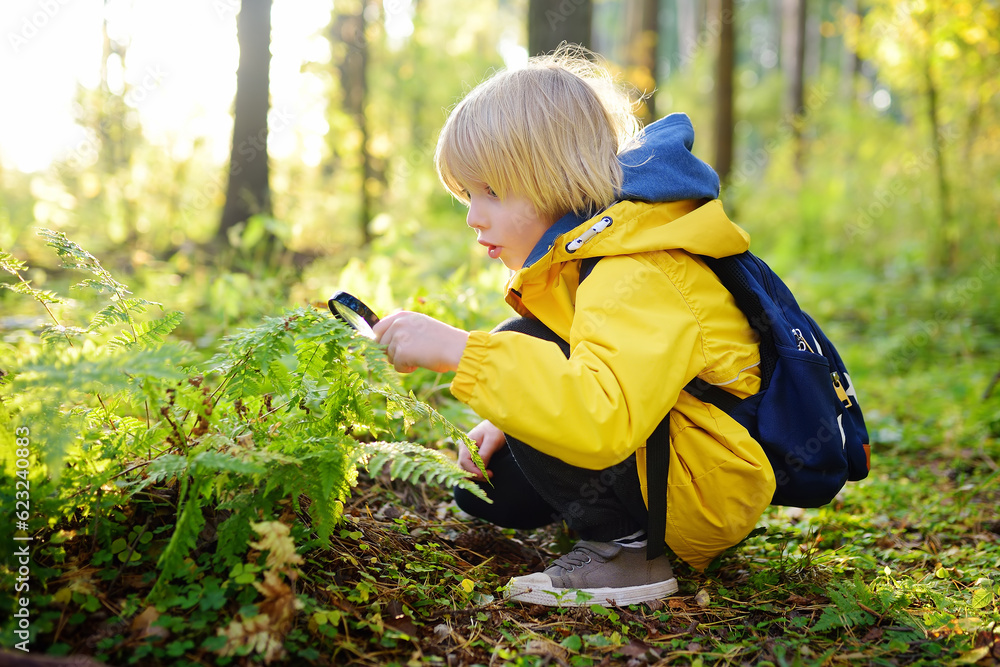 Preschooler boy is exploring nature with magnifying glass. Little child ...