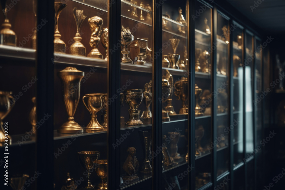 Trophy display case shelf made of glass and wood full of gold and ...