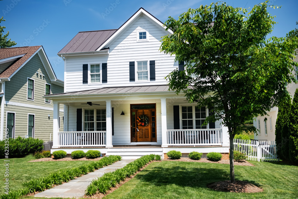 typical American two-story residential building with vinyl siding ...