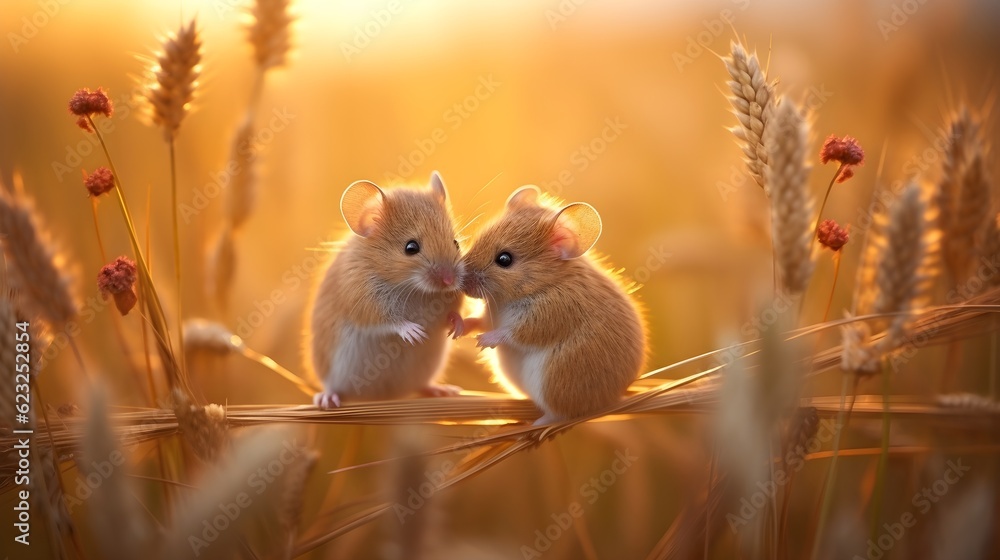 Abstract wheat field with a cute pare of mice hugging each other. Love ...