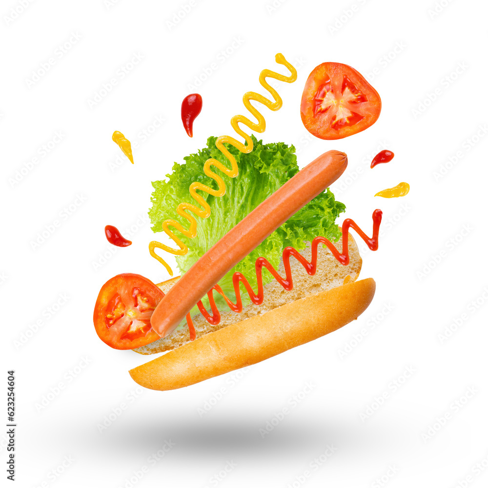 Flying ingredients for classic hot dog isolated on white, transparent ...