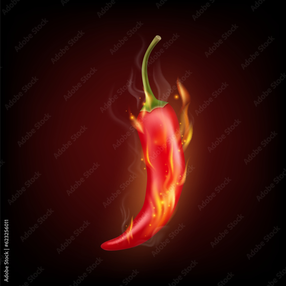 Vector 3d Realistic Red Hot Chili Pepper Closeup in a Burning Flame ...