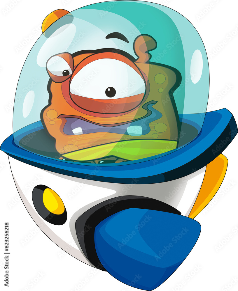 Cartoon alien creature on a ufo space ship or star ship transportation ...