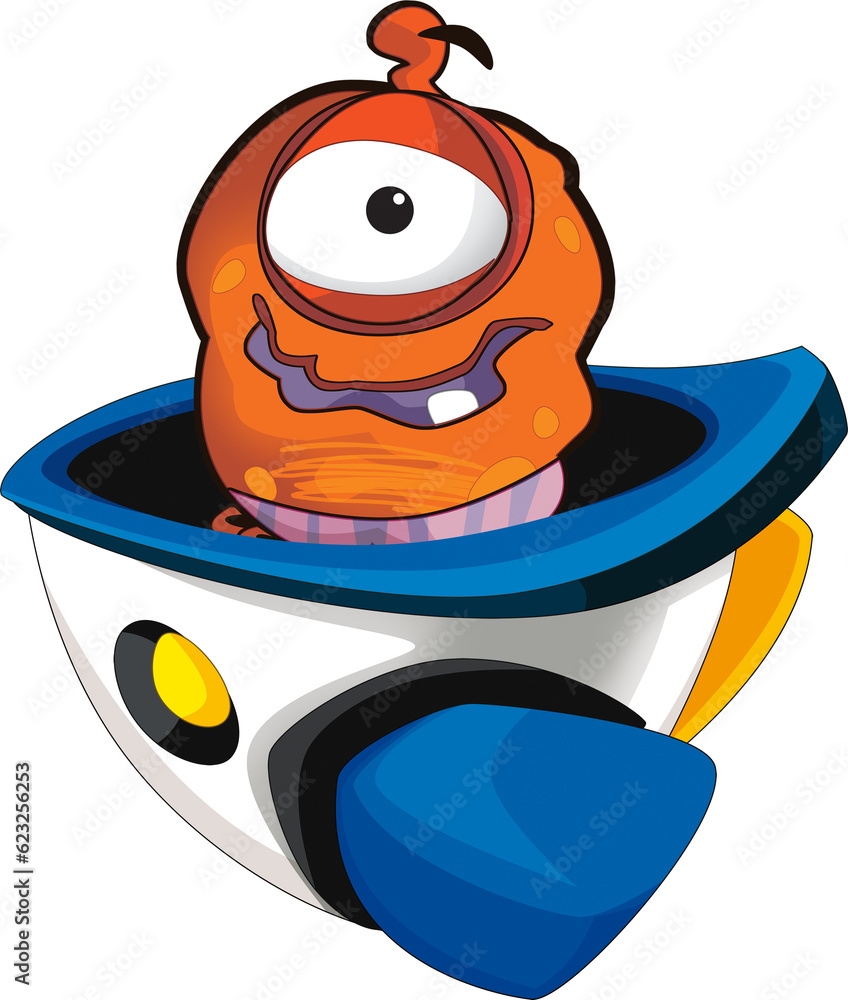 Cartoon alien creature on a ufo space ship or star ship transportation ...