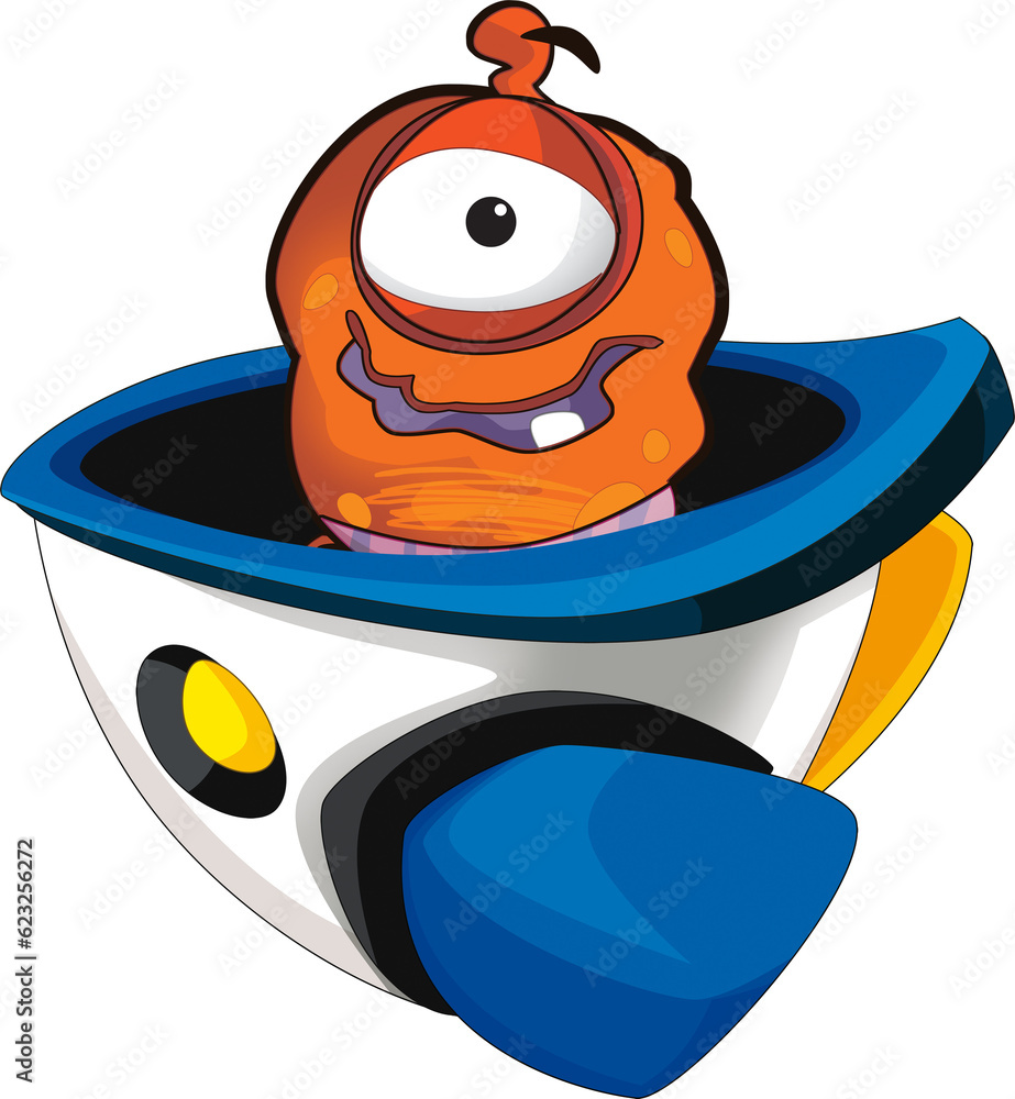 Cartoon alien creature on a ufo space ship or star ship transportation ...